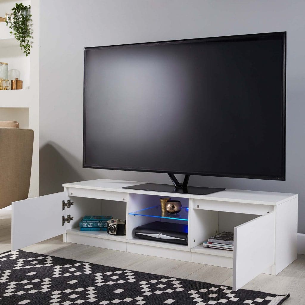 RTV1400 White Gloss TV Cabinet Blue LED lights for 65"