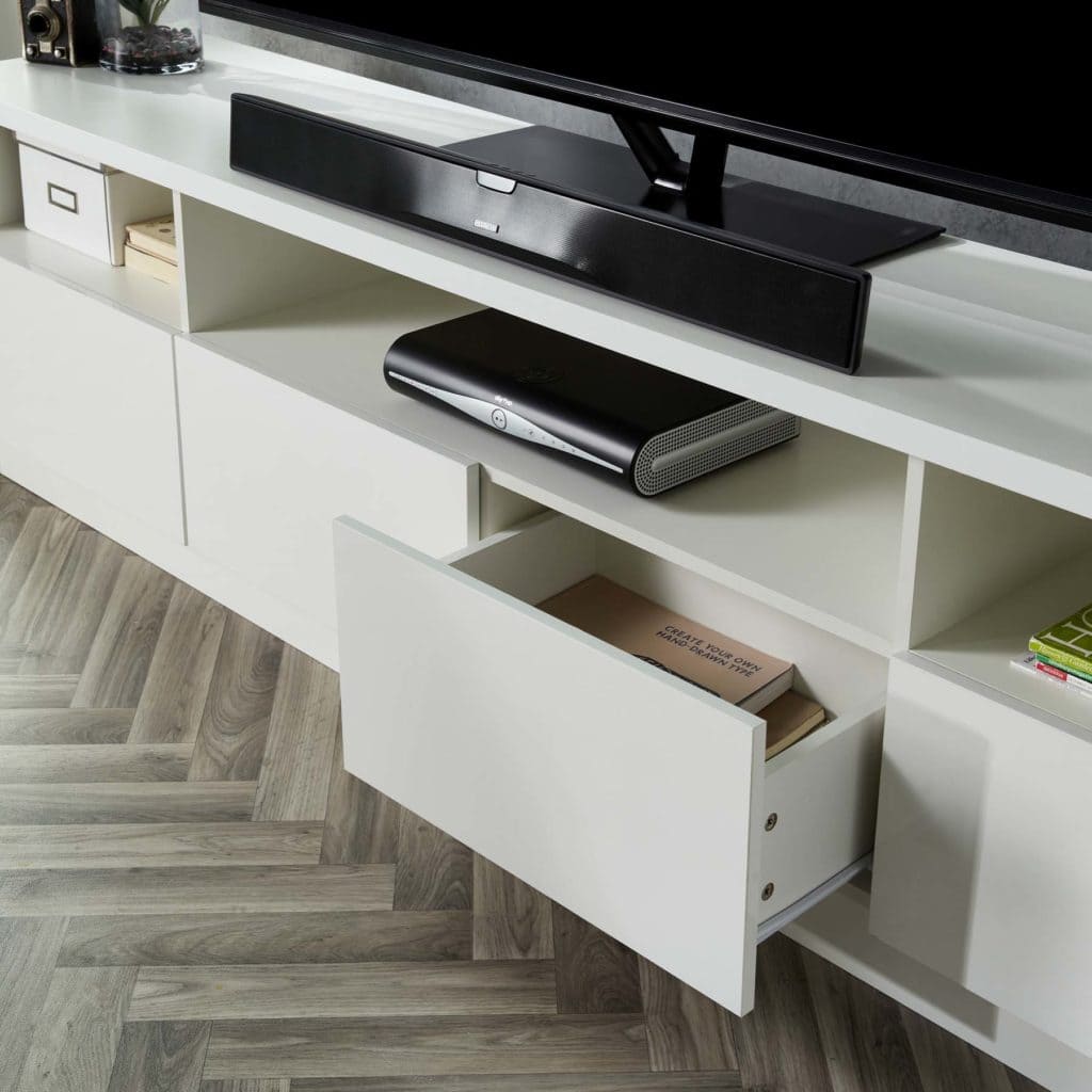 White TV Cabinet for 85″ Screens | Wide TV Unit RGB Lights